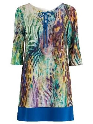 CONQUISTA Printed A-line Dress With Tie Neck - Blue