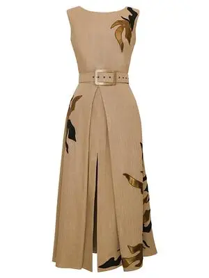 ALINA CERNATESCU Embroided Dark Linen Midi Dress - Beige