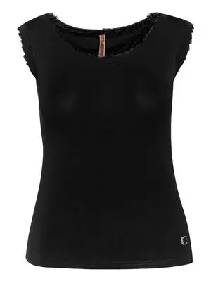 CONQUISTA Sleeveless Scoop Neck Top With Raw Edge Detailing - Black