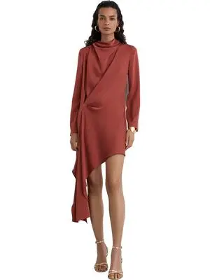REISS Bethany Draped Long Sleeve Mini Dress - Rust Orange