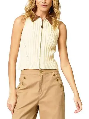 Central Park West Phoebe Zip-up Ribbed Knit Tank - Oat Combo