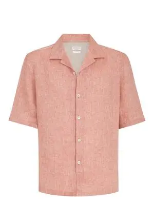 Brunello Cucinelli Linen Easy Fit Short Sleeve Shirt With Camp Collar Pink