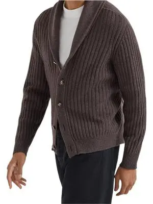 Brunello Cucinelli Ribbed Shawl Collar Cardigan - Brown