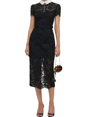 SELF-PORTRAIT Lace Contrast Collar Midi Dress - Black