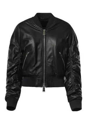 DONDUP Ruched Leather Bomber Jacket - Black