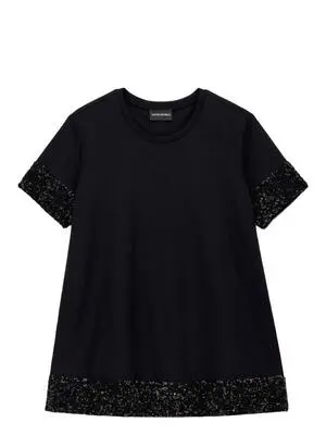 Emporio Armani Short-sleeved Viscose Jumper With Sequined Cuffs And Hem - Black
