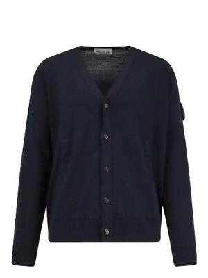 Stone Island Knitted Cardigan With Detachable Logo Patch - Blue