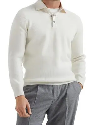 Brunello Cucinelli Brunello Cucinelli English Rib Knit Twill Spread Collar Polo Shirt White