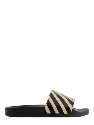 Off-White Diagonal Stripe Print Slides - Black