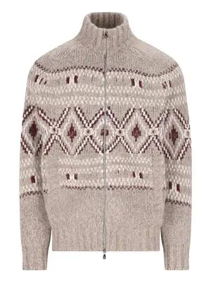 Brunello Cucinelli High Neck Graphic Pattern Zip-up Cardigan - Nude