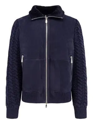 Brunello Cucinelli High-neck Zip-up Bomber Jacket With Cable Knit Sleeves - Black