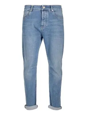 Brunello Cucinelli Tapered Leg Jeans With Logo Patch - Blue