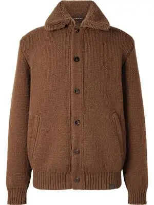 TOM FORD Ribbed Bouclé-trimmed Cashmere Cardigan - Brown