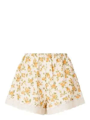 MIGUELINA Miguelina Celestine Floral Print Lace Trimmed Linen Shorts