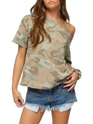 EDIKTED Camouflage Asymmetrical Off-the-shoulder Top - Sage