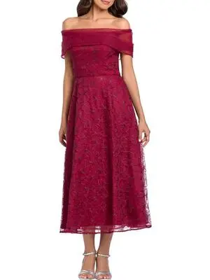 Betsy & Adam Embroidered Off-the-shoulder Midi Gown - Wine