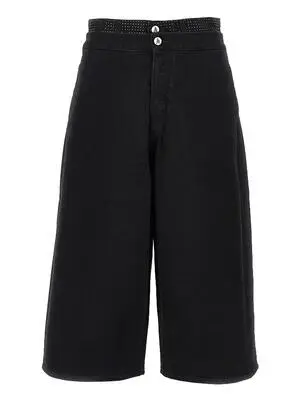 Attico Cropped Wide-leg Denim Pants With Rhinestone Embellishment - Black
