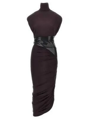 Andamane Stretch Viscose Long Dress With Faux Leather Insert - Black