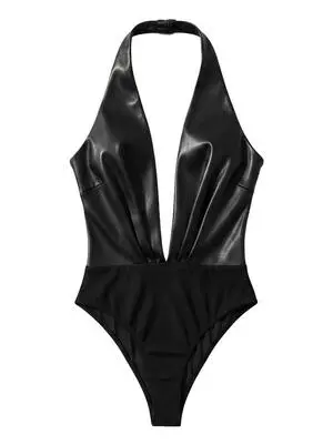 Andamane Faux Leather Halter Neck Bodysuit With Mesh Bottom - Black