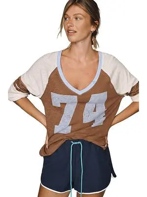 PILCRO 100% Cotton Slub Distressed Graphic Long Sleeve Varsity Top - Brown Pattern