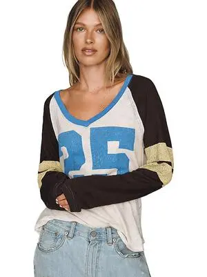 PILCRO 100% Cotton Slub Distressed Graphic Long Sleeve Varsity Top - Ivory Pattern