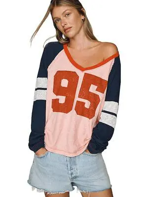 PILCRO 100% Cotton Slub Distressed Graphic Long Sleeve Varsity Top - Pink Pattern