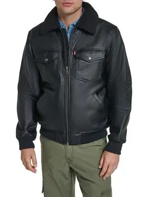 LEVI'S Faux Leather Bomber Jacket With Faux Shearling Collar - Black