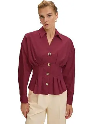 EXQUISE Pleated Fitted Waist Cotton Poplin Shirt - Red