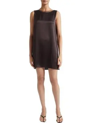 LESET Barb Lace Detail Satin Mini Dress - Chocolate