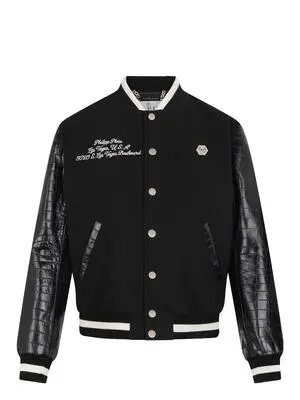 Philipp Plein Varsity Bomber Jacket With Crocodile-embossed Sleeves - Black
