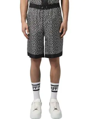Philipp Plein Silk Monogrammed Drawstring Shorts - Black