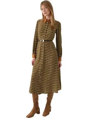EXQUISE Antonia Midi Dress With Patterned Finish And Long Sleeves - Brown Patterned