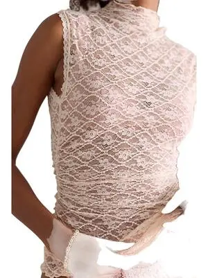 Free People Intimately Pretty Problem Mock Neck Lace Tank - Pink Shell