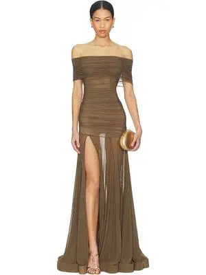 BRONX BANCO Off Shoulder Sheer Maxi Dress - Khaki