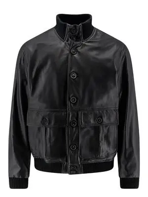 DFOUR Leather Bomber Jacket With Button Closure And Ribbed Trim - Black