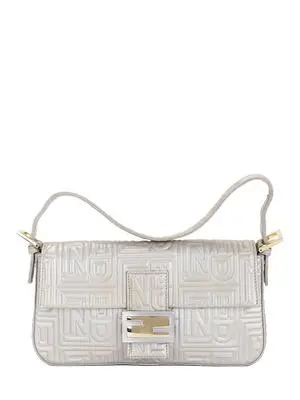 Fendi Logo Embossed Baguette Shoulder Bag - Silver