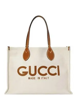 Gucci Logo Printed Medium Tote Bag - Beige
