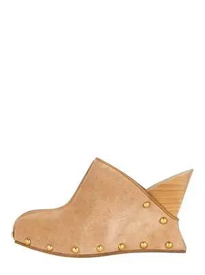 Balmain Suede Wedge Clogs With Gold Studs - Biscuit