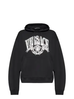 Versace Logo Printed Drawstring Hoodie - Black