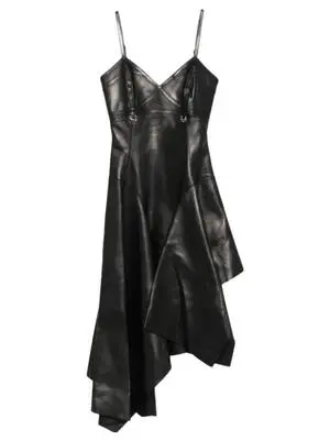 Alexander McQueen Asymmetrical Leather Dress With V-neck And Thin Straps - Black