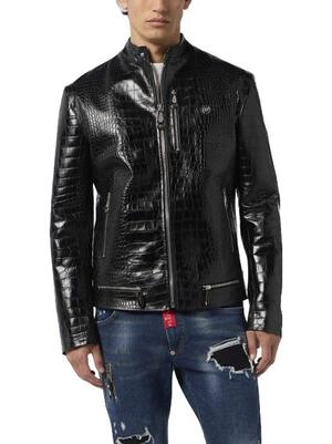 Philipp Plein Leather Moto Jacket With Croco-print And Metal Trims - Black