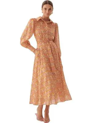 EXQUISE Allison Midi Dress With Shirt Collar - Multi Color