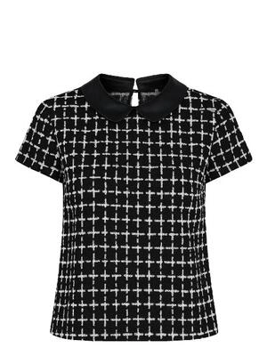 CONQUISTA Short Sleeve Allover Print Top With Leather Look Collar - Black