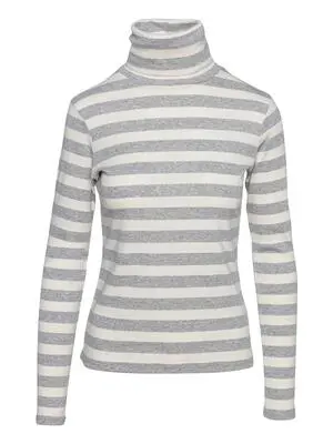 CONQUISTA Striped Long Sleeve Turtleneck Top - Beige/gray