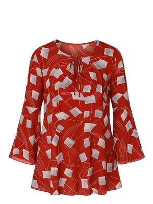 CONQUISTA Loose Fit Printed Bell Sleeve Top - Red
