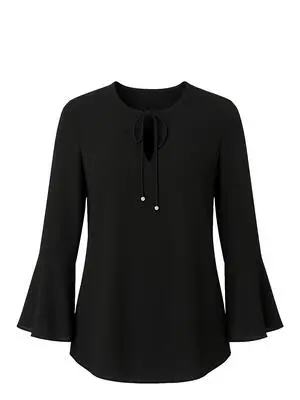 CONQUISTA Flounce Sleeve Top With Front Ties - Black
