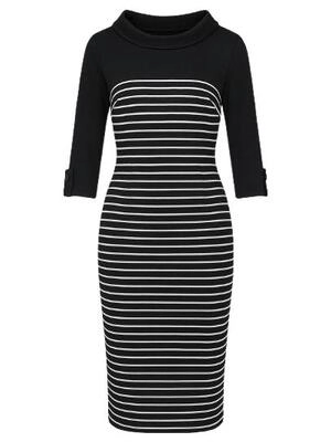 CONQUISTA Fitted Winter Dress In Striped Rib Knit - Black