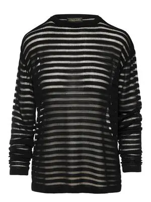CONQUISTA Long Sleeve Knit Top With Semi-sheer Stripes - Black