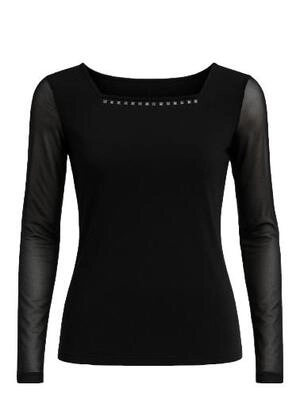 CONQUISTA Decorative Long Sleeve Top With Embellished Neckline And Sheer Sleeves - Black