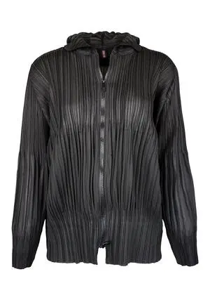 WILD COSMOS Hooded Plissé Satin Zip-up Jacket - Black